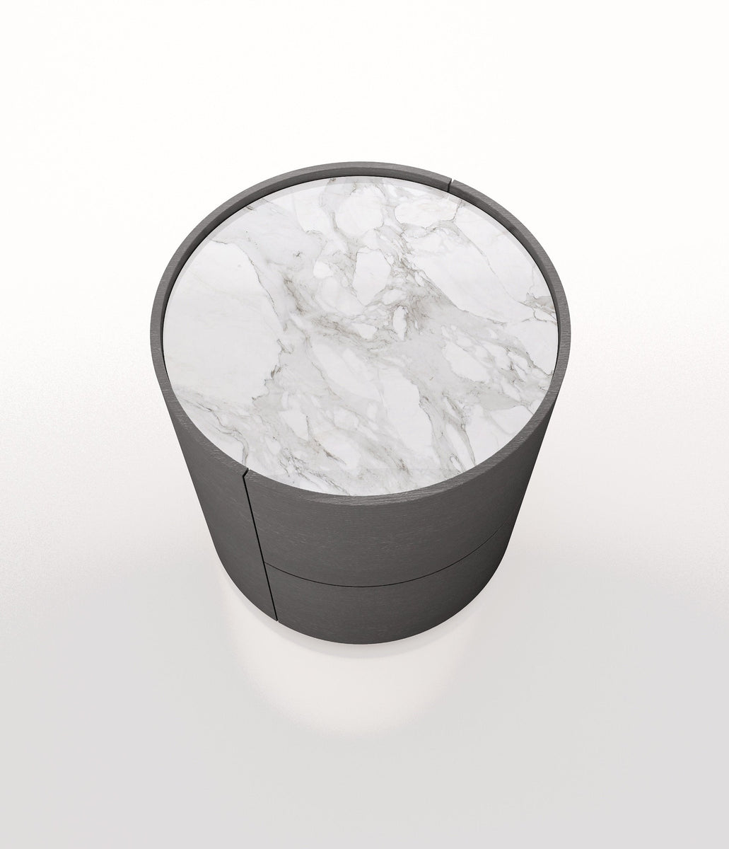DEDALO ROUND NIGHTSTAND 17" - DARK GREY ASH/CALACATTA MARBLE GLASS ...